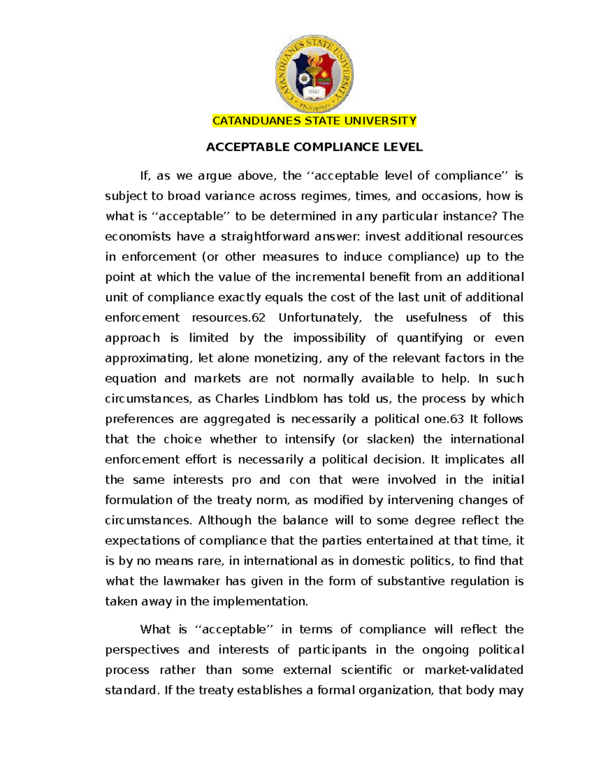 Acceptable Compliance Level - ACCEPTABLE COMPLIANCE LEVEL If, as we ...