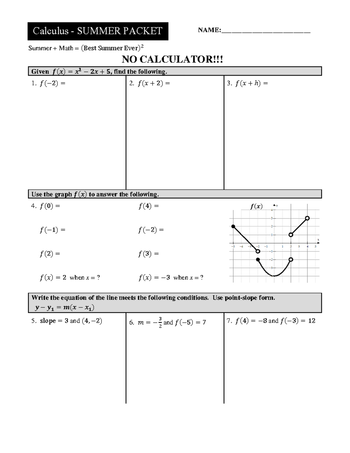 C summer packet - Calculus - NAME:__________________________ Summer ...