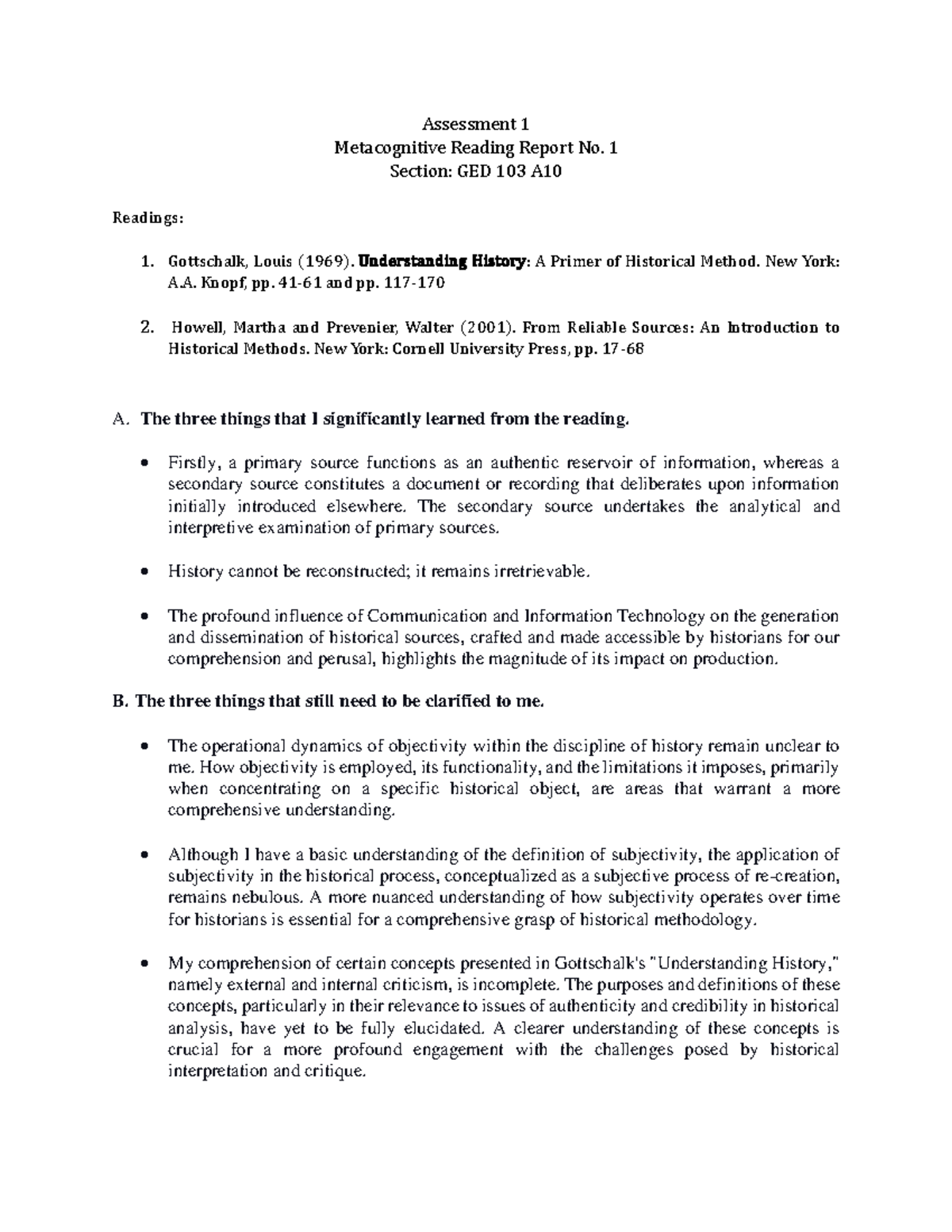 MRR3 [Understanding History] - Assessment 1 Metacognitive Reading ...