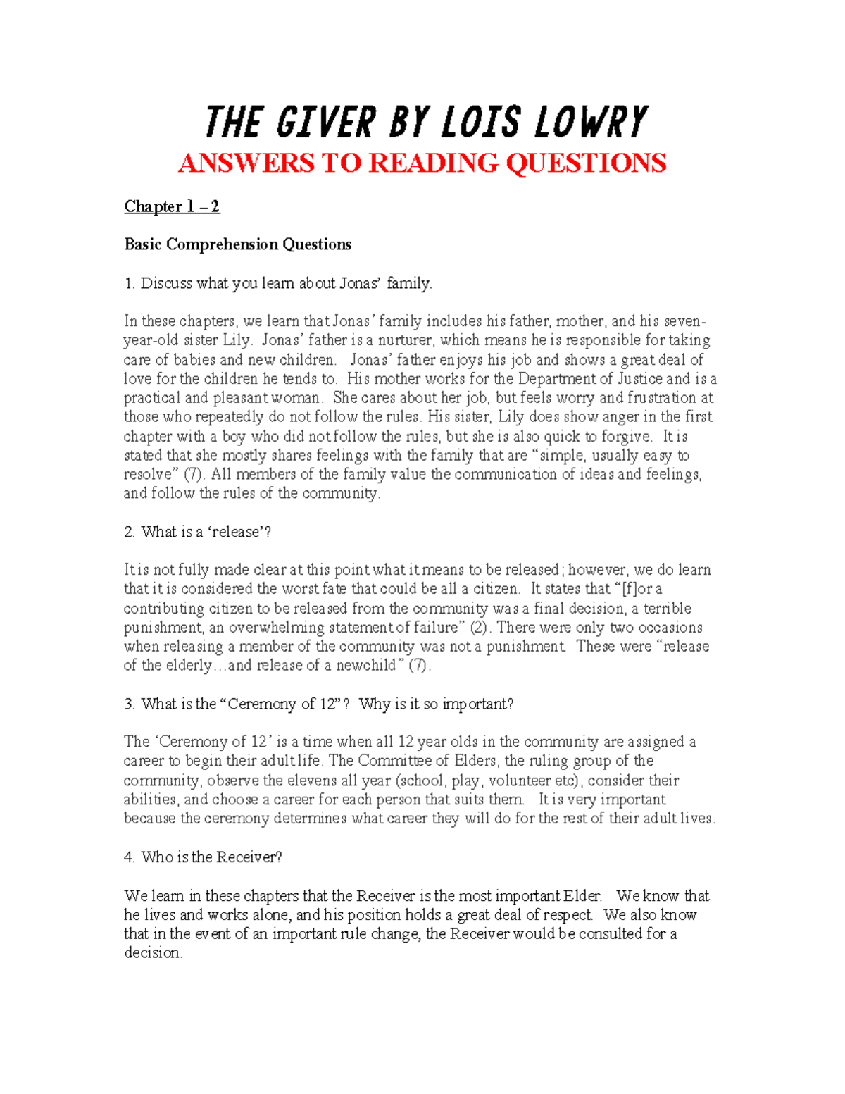 2 The Giver Answers - The Giver by Lois Lowry ANSWERS TO READING ...