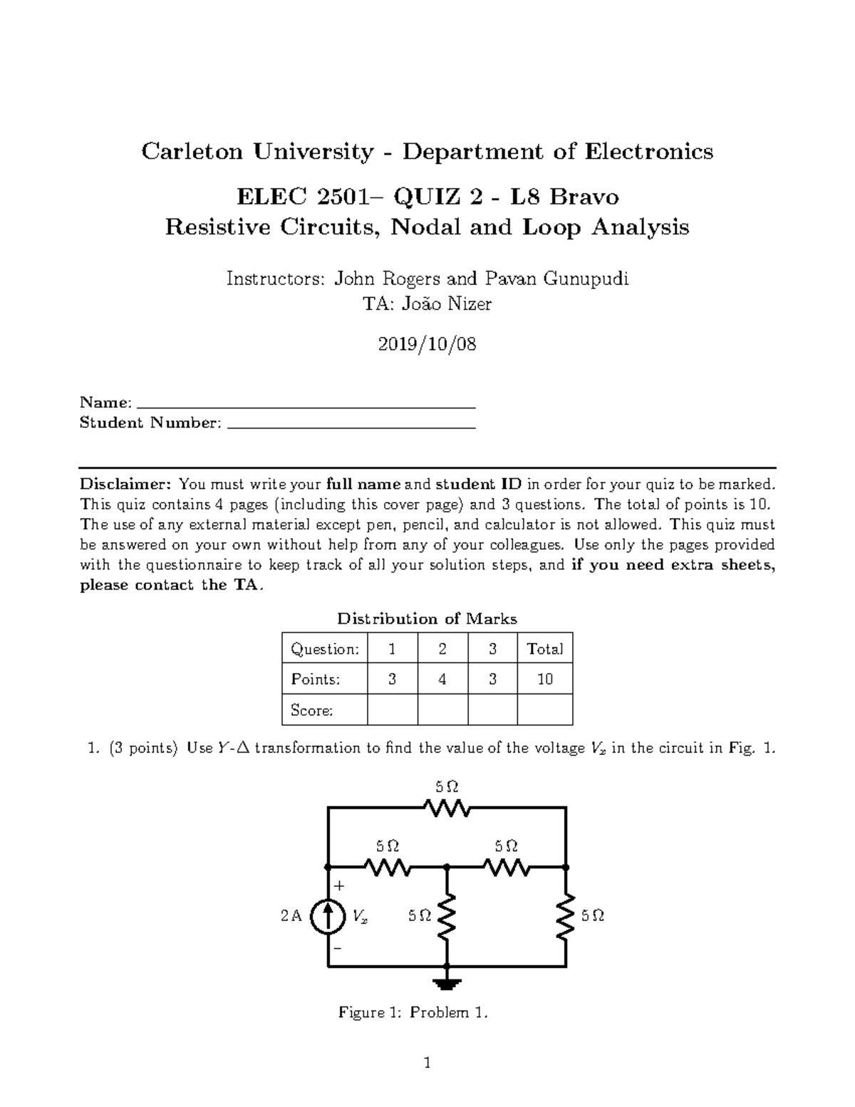 Quiz 2 Autumn 2020, questions - Carleton University - Department of Electronics ELEC 2501– QUIZ ...