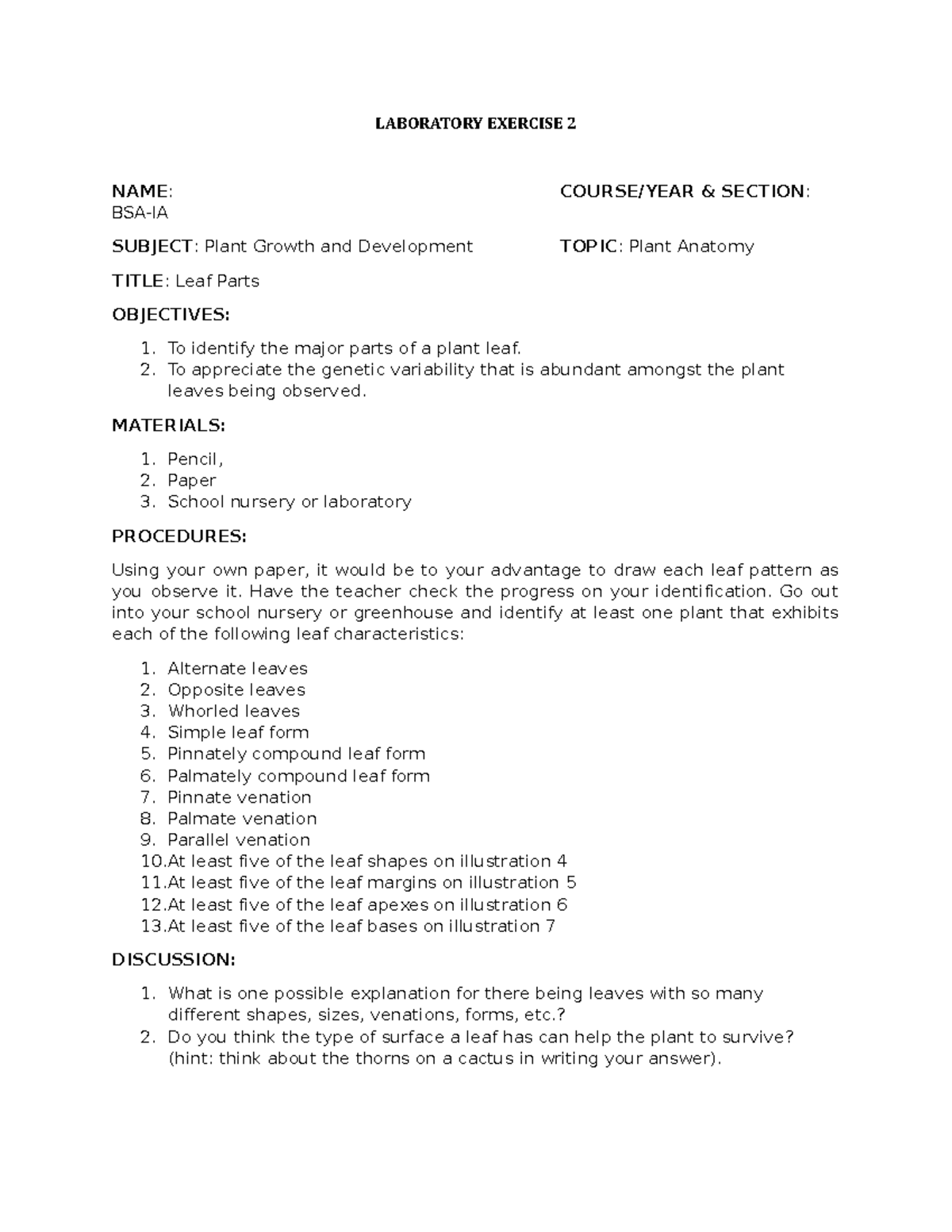 Laboratory Exercise 3 Plant Tissue - LABORATORY EXERCISE 2 NAME: COURSE ...