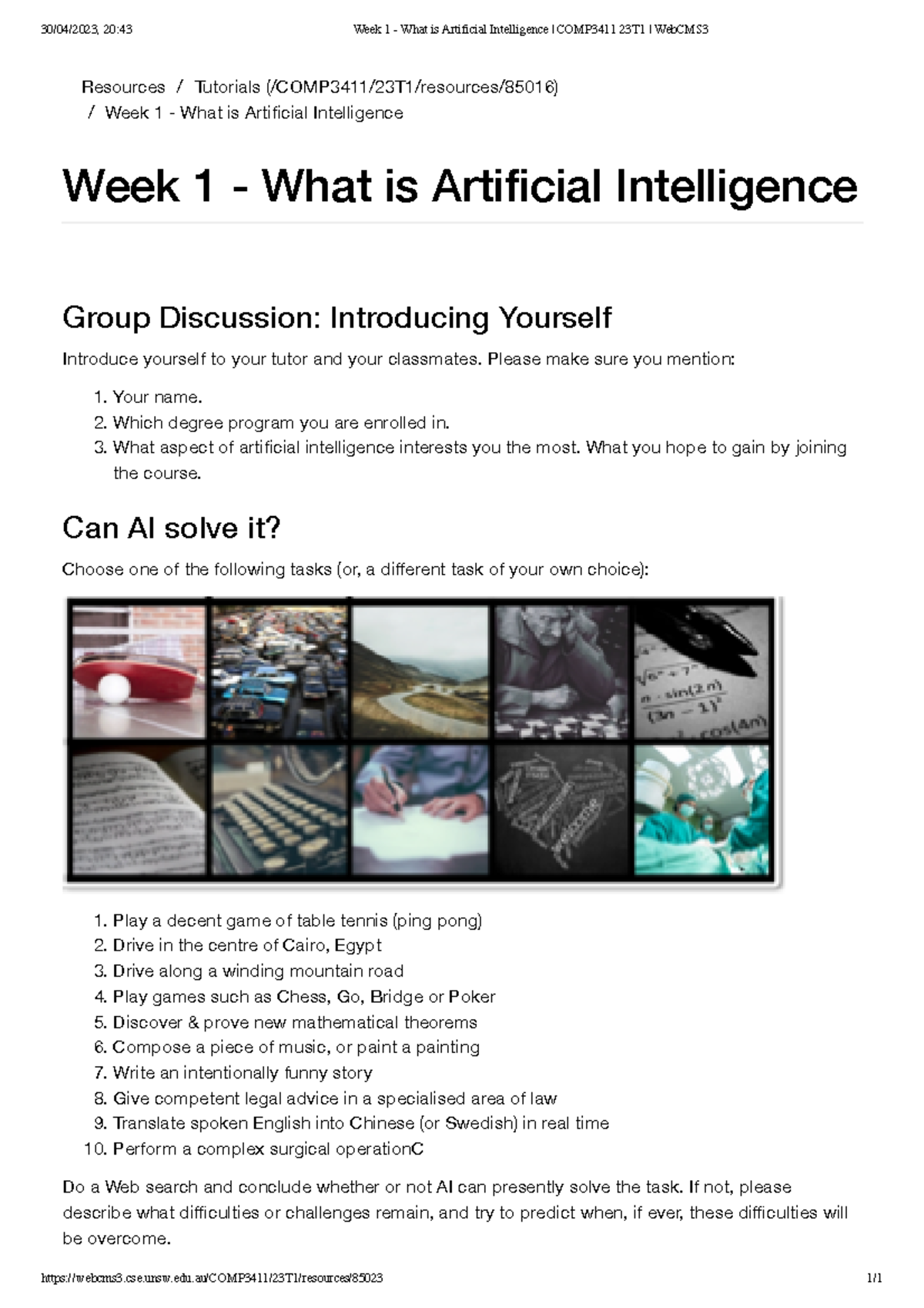 Week 1 - What is Artificial Intelligence COMP3411 23T1 - cse.unsw.edu/COMP3411/23T1/resources ...