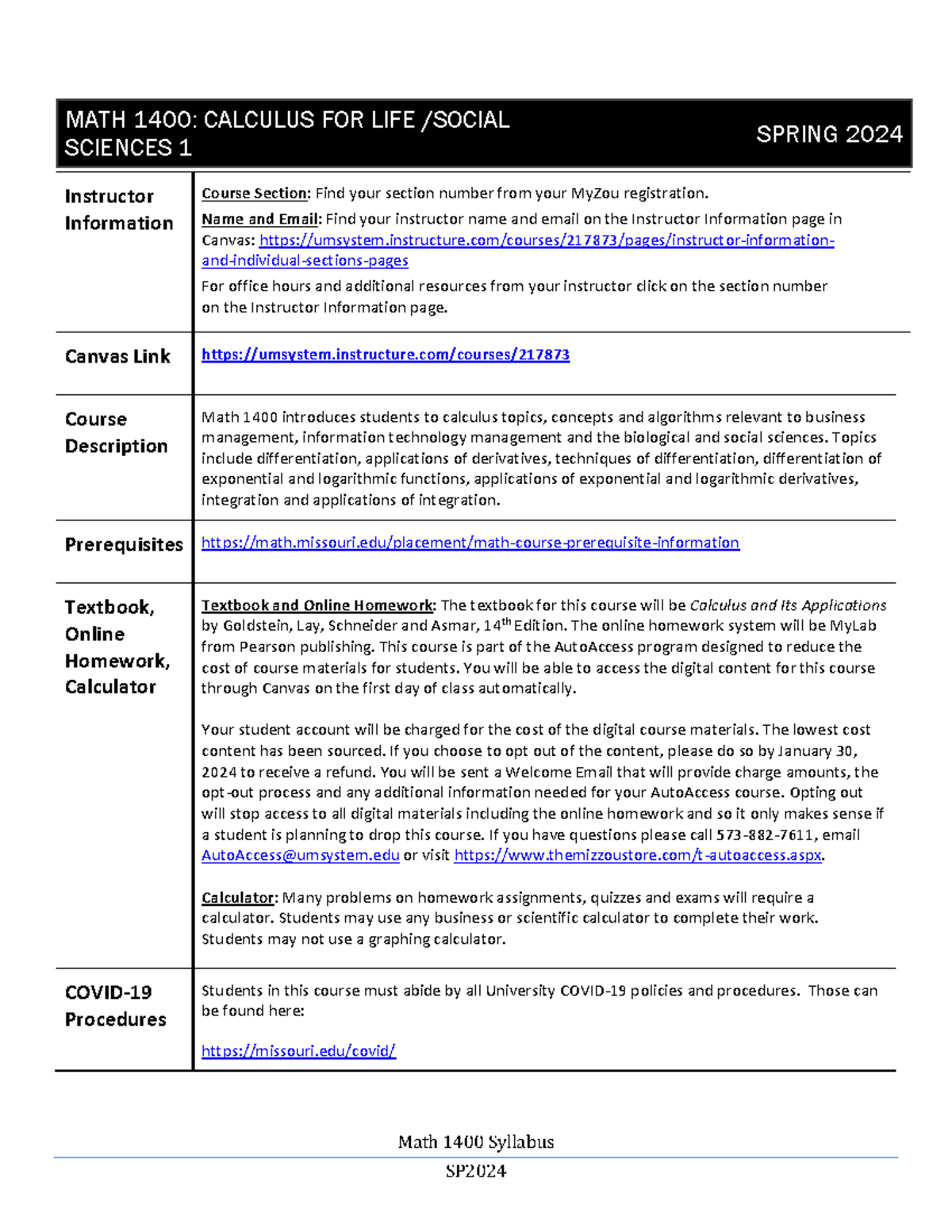 Math 1400 SP2024 Syllabus - Math 14 00 Syllabus MATH 1400 : CALCULUS ...