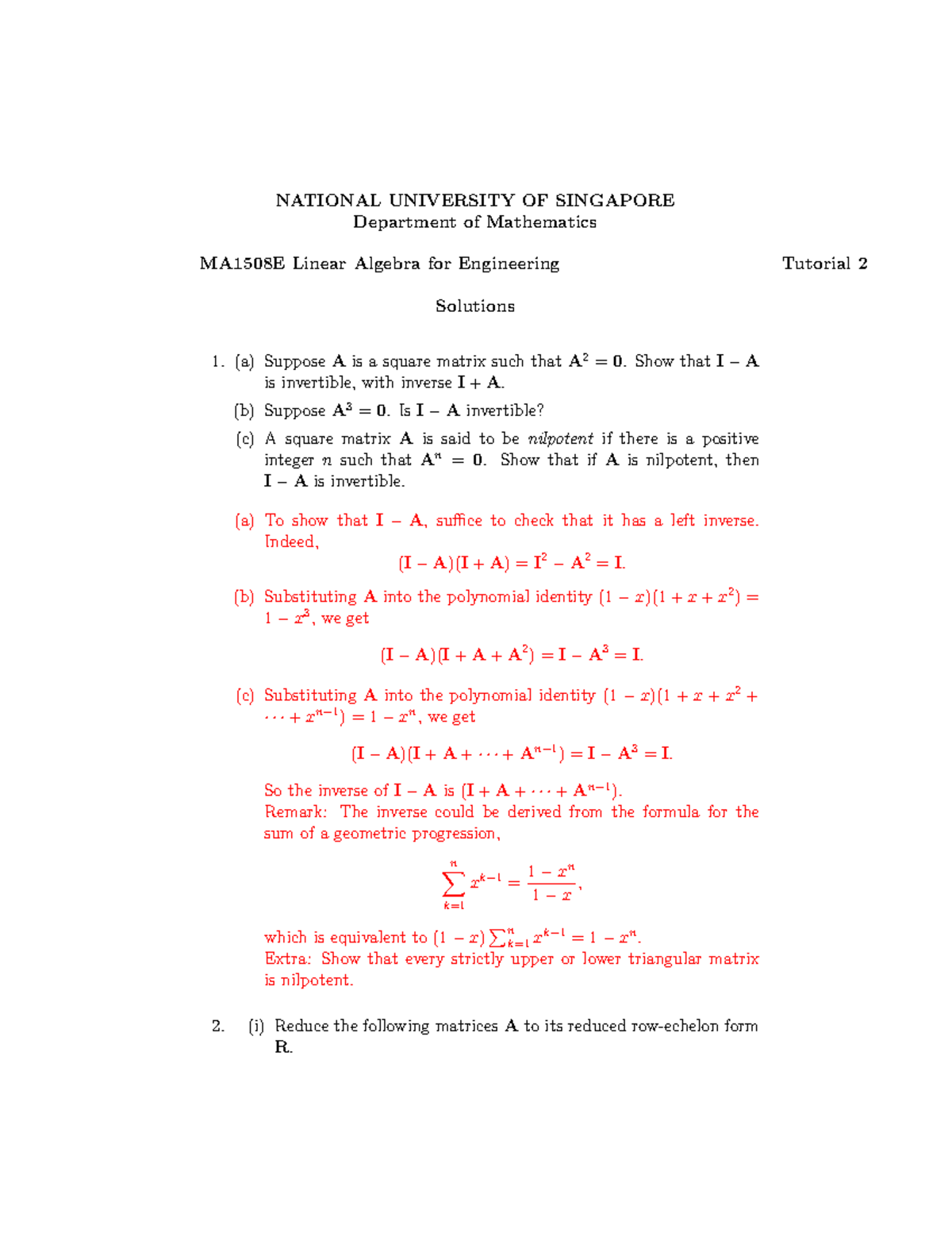 Tutorial 2(S) - NATIONAL UNIVERSITY OF SINGAPORE Department of Mathematics MA1508E Linear ...
