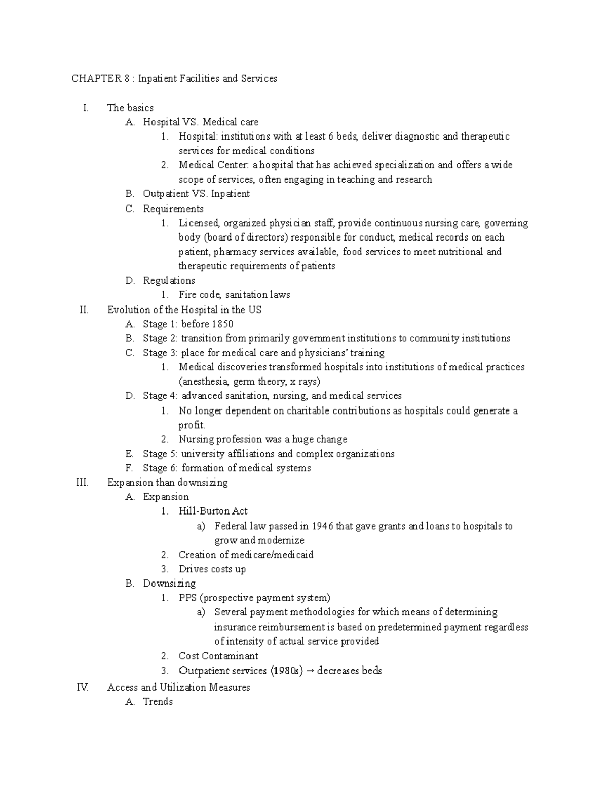 Chapter 8 Notes - CHAPTER 8 : Inpatient Facilities and Services I. The ...
