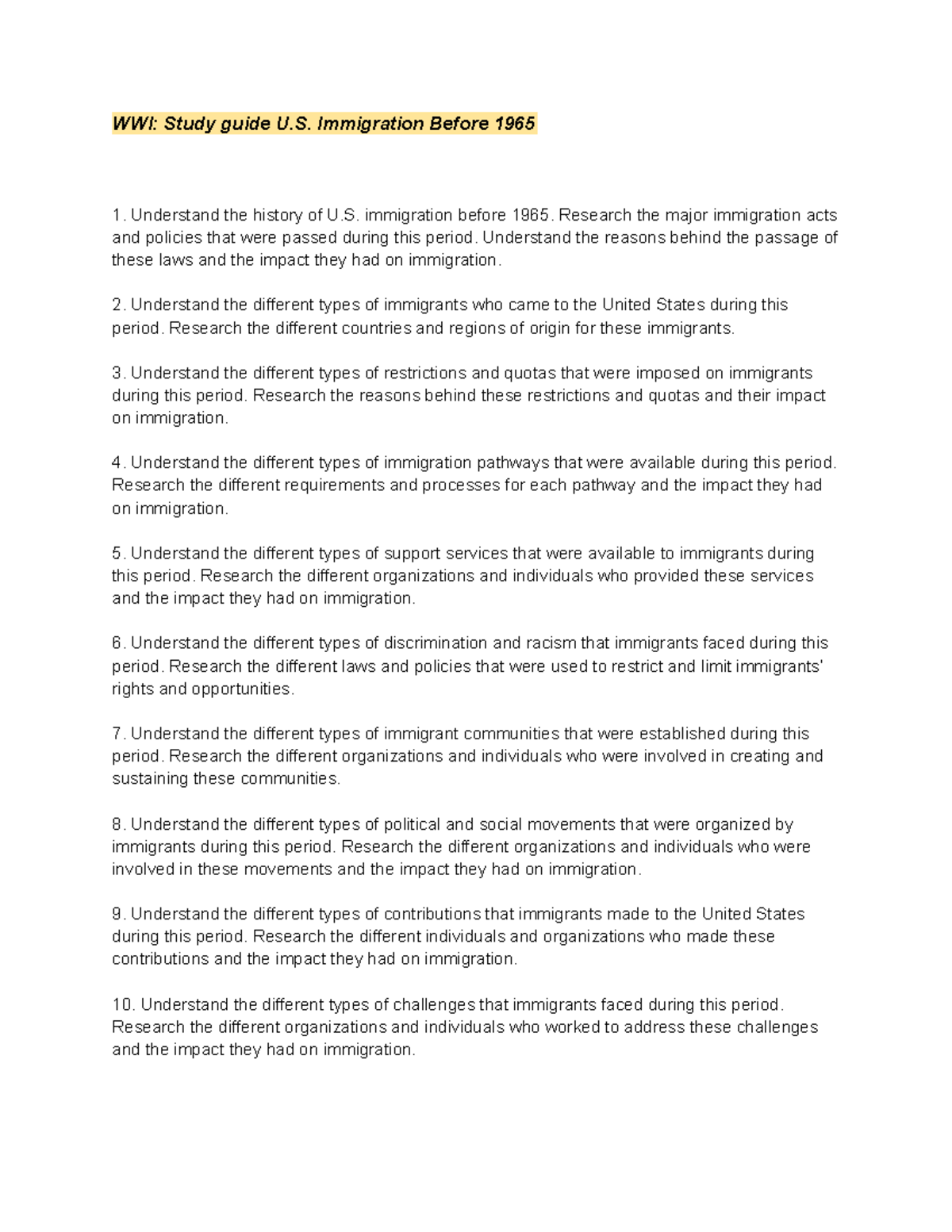 Study Guide U.S. Immigration Before 1965 - WWI: Study guide U ...