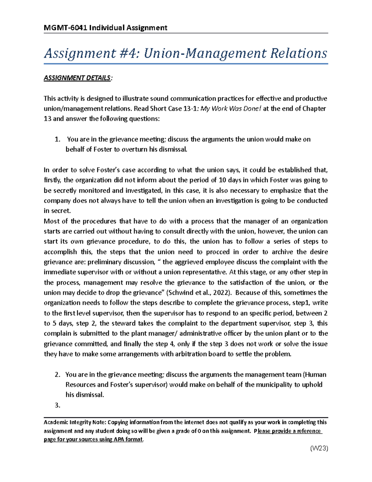 Individual Assignment #4 - MGMT-6041 Individual Assignment Assignment #4: Union-Management ...