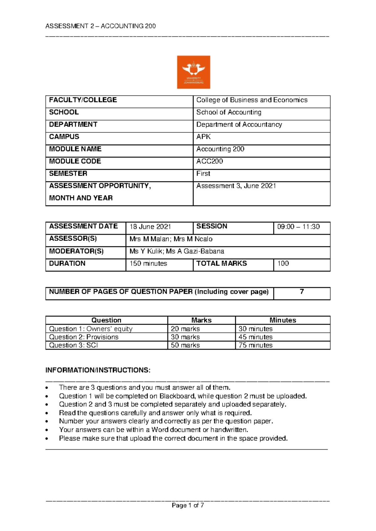 Assessment 3 Completed question paper - FACULTY/COLLEGE College of ...