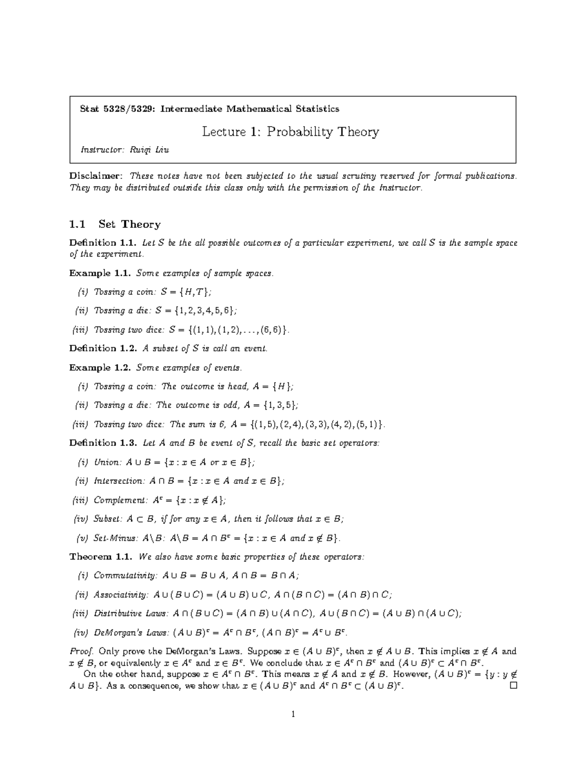 Probability NOTE - This is math stat note - Stat 5328/5329 ...