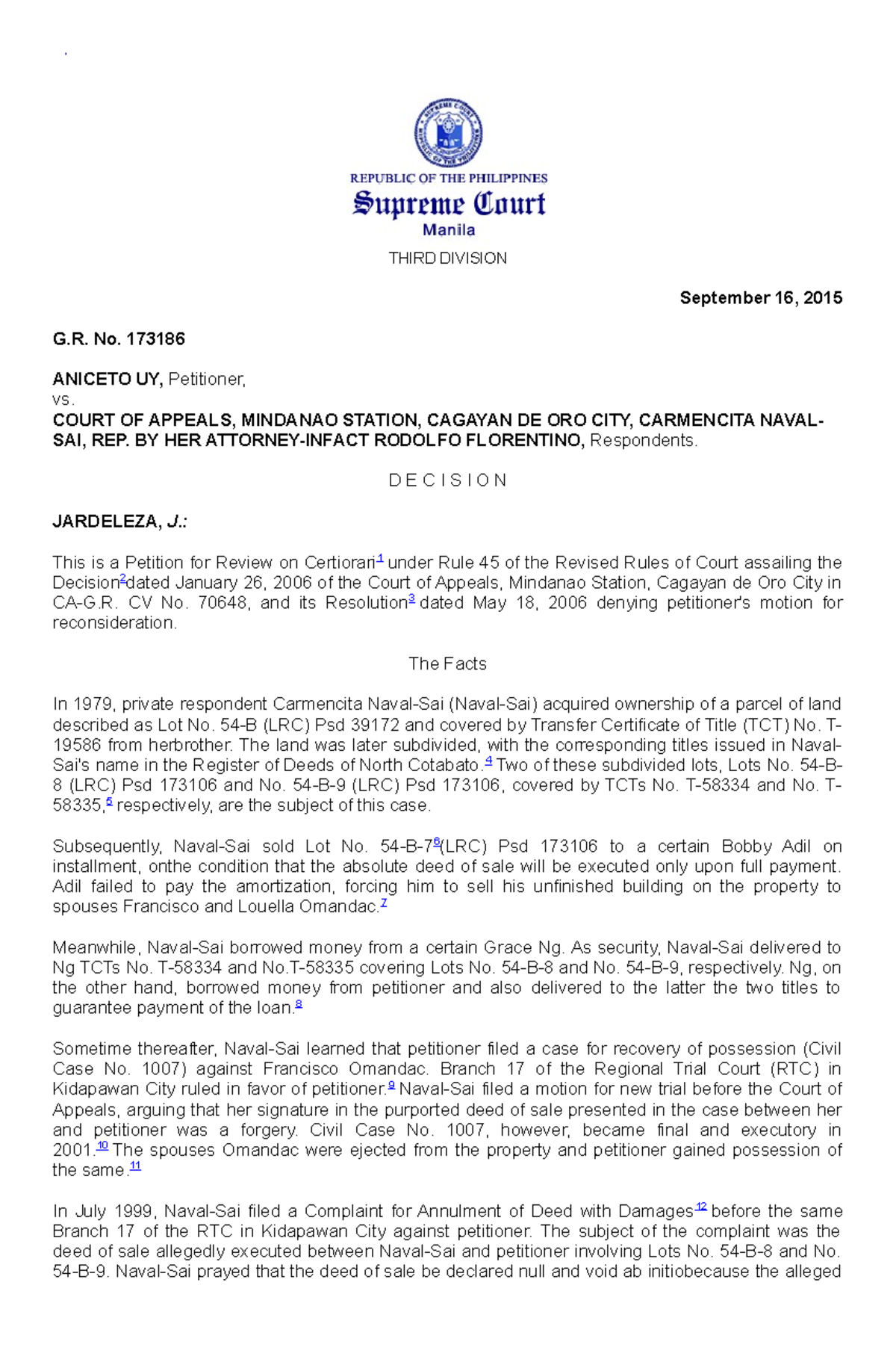 Action is imprescriptible - THIRD DIVISION September 16, 2015 G. No ...