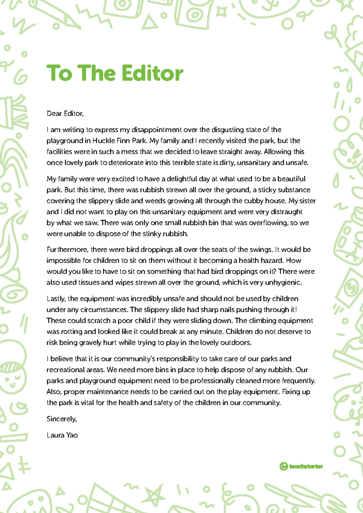 Lettertothe Editor Huckle Finn Park Disgrace Worksheet Colour - To The ...