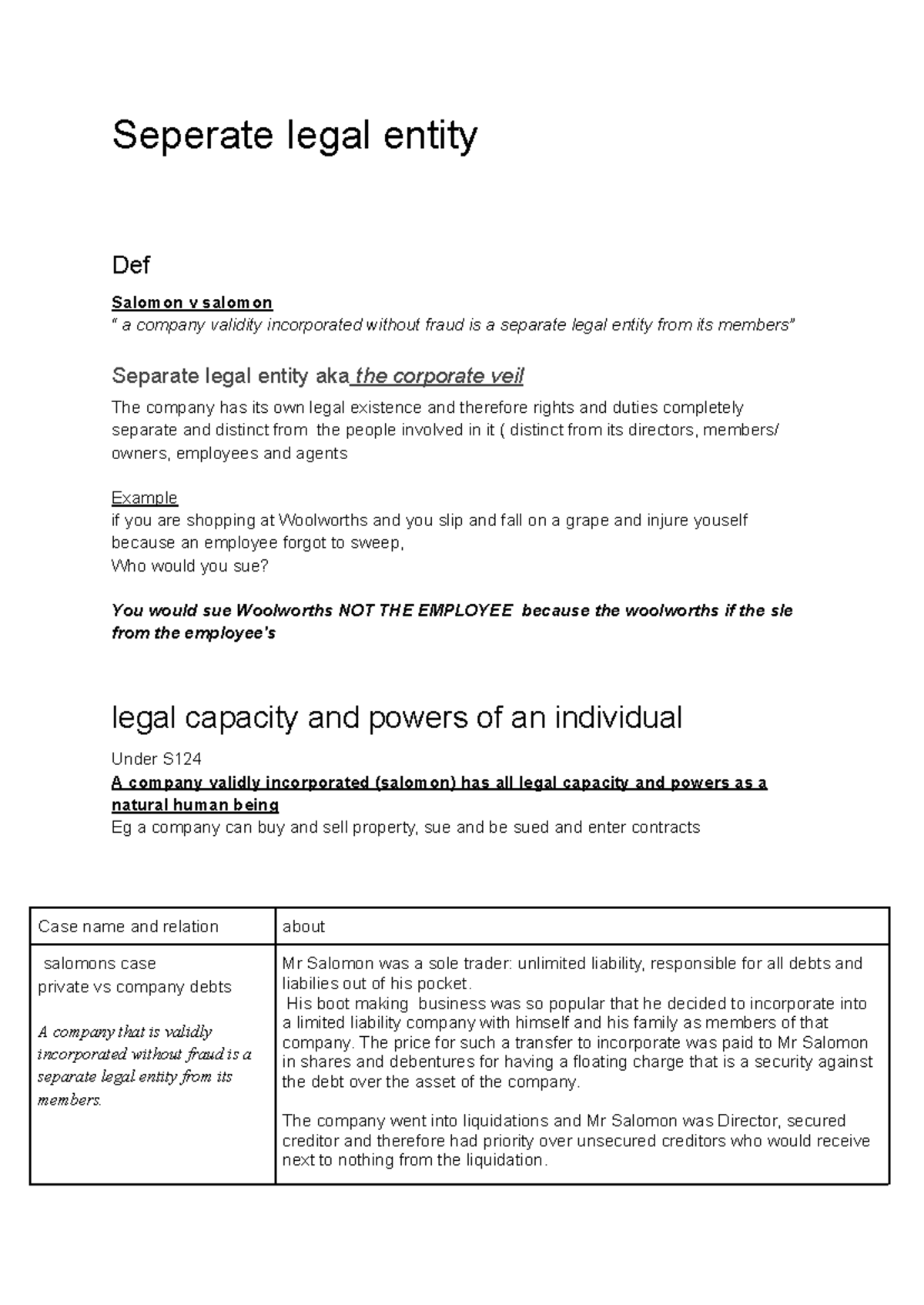 2. seperate legal entity - Seperate legal entity Def Salomon v salomon ...