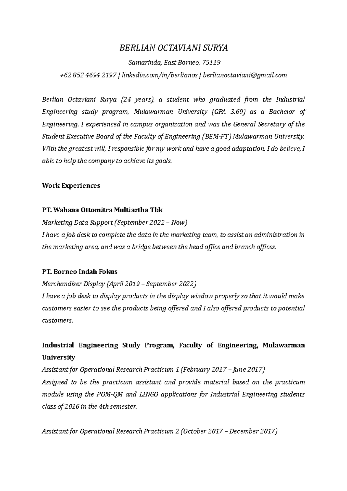 Cv Task Task Of Curriculum Vitae Berlian Octaviani Surya Samarinda