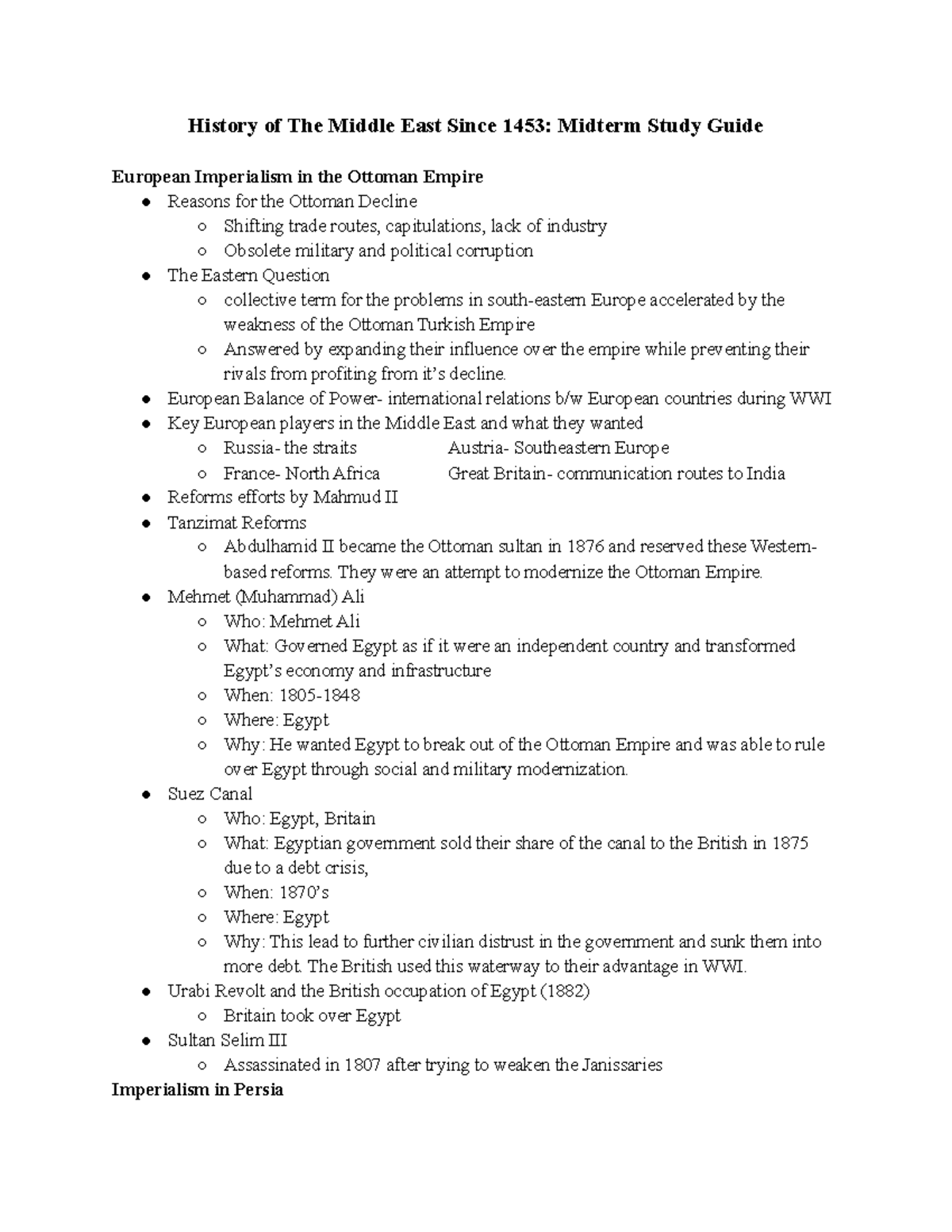 HST-173 Midterm Study Guide - History of The Middle East Since 1453 ...