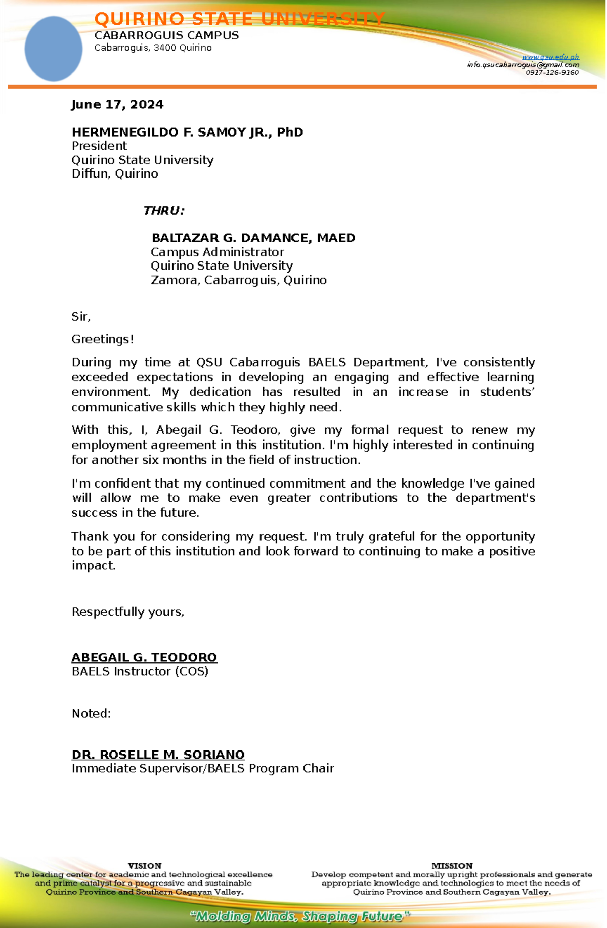 Letter OF Intent - Baels - QUIRINO STATE UNIVERSITY CABARROGUIS CAMPUS Cabarroguis, 3400 Quirino ...