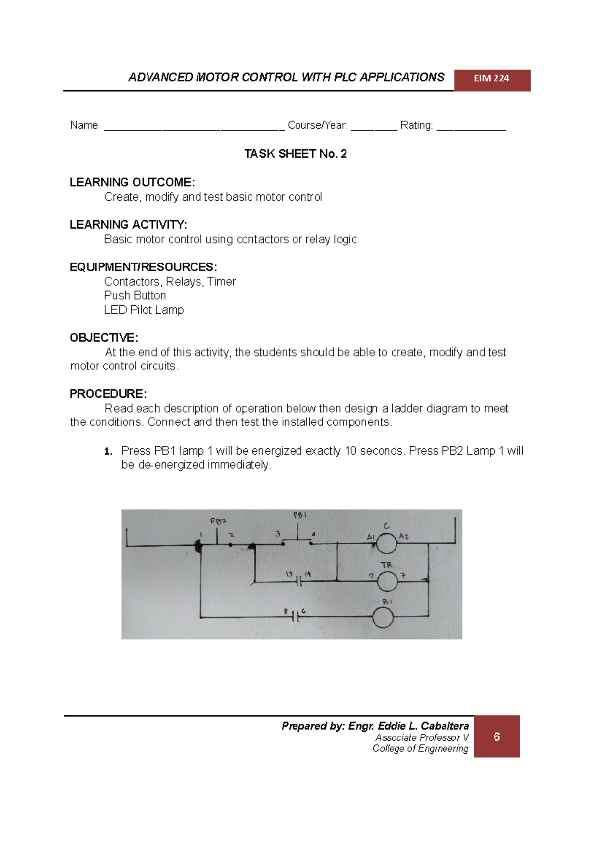 Task-Sheet-2 for electrical - Prepared by: Engr. Eddie L. Cabaltera ...