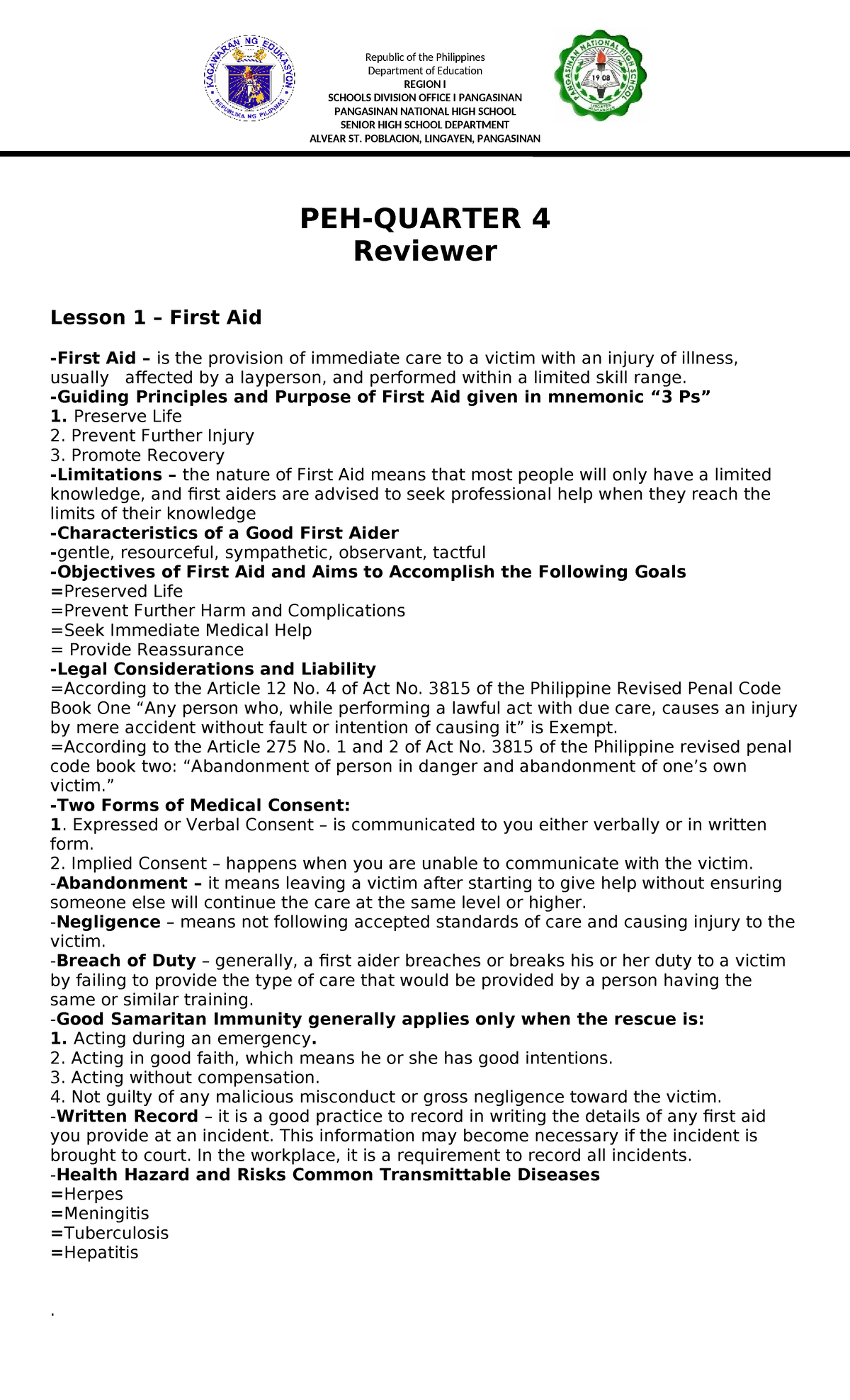 Q4-Reviewer-PEH - Republic of the Philippines Department of Education REGION I SCHOOLS DIVISION ...