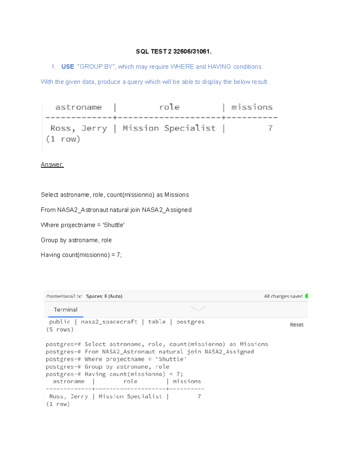 SQL TEST 2 31061 questions and answers - 031061 - Studocu