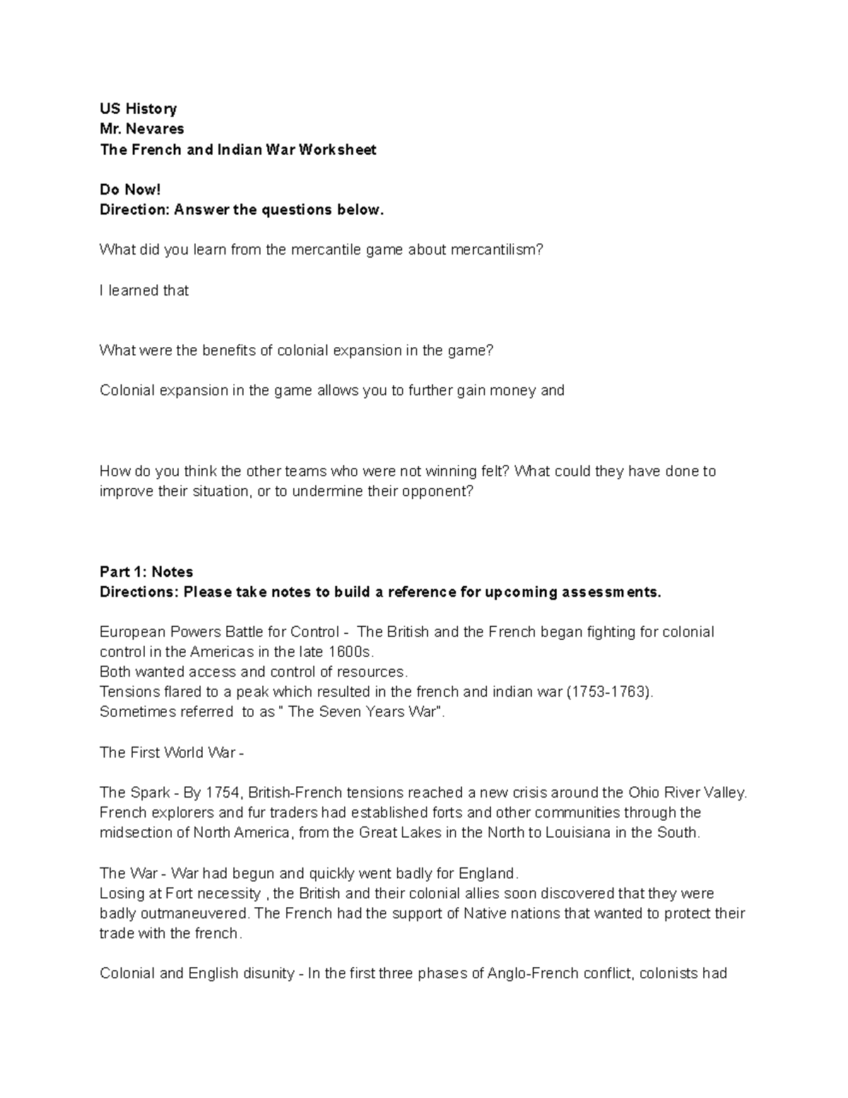 Abdullahi Mahamud - The French and Indian War Worksheet - 7936790 - US ...