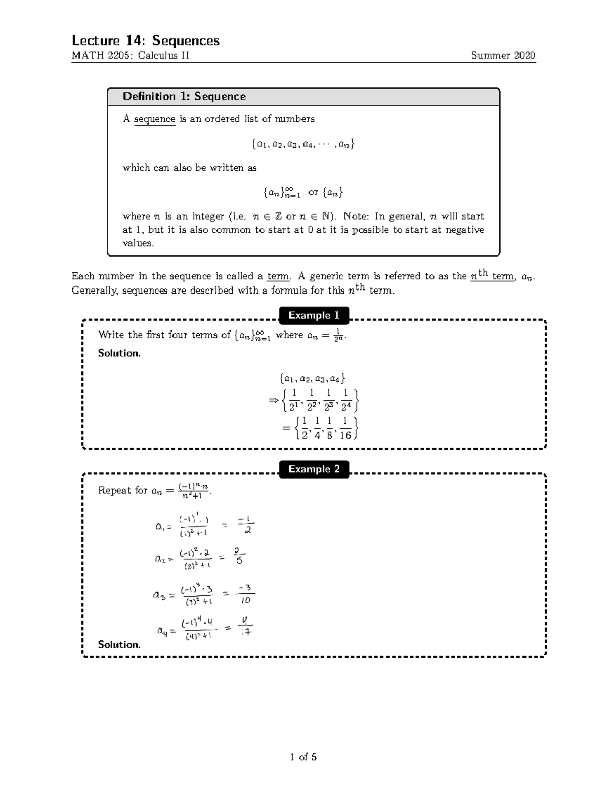 L14 - Sequences - Lecture 14: Sequences MATH 2205: Calculus II Summer ...