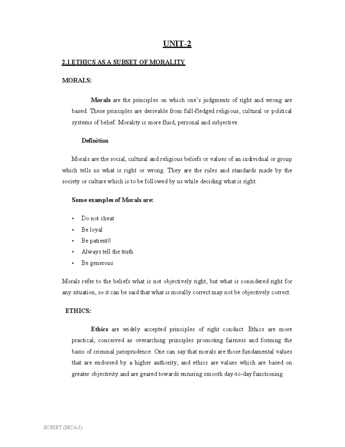 MCA I Human Values Unit 2 - UNIT- 2 ETHICS AS A SUBSET OF MORALITY ...
