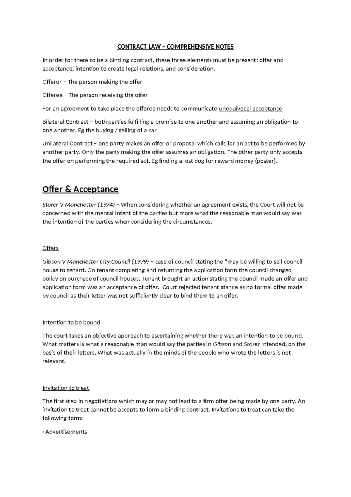 1. - Comprehensive Contract Notes - CONTRACT LAW – COMPREHENSIVE NOTES ...