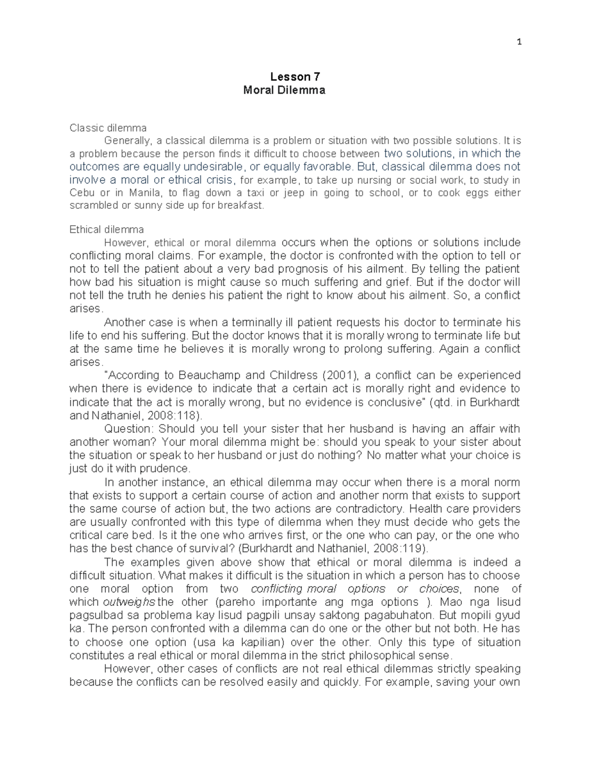 Ethics NEW 7 Moral Dilemma - Lesson 7 Moral Dilemma Classic dilemma ...