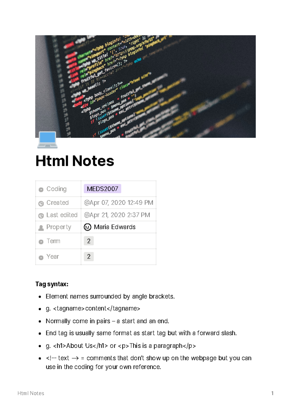 Html Notes - Html Notes Coding MEDS Created Last edited Property M ...