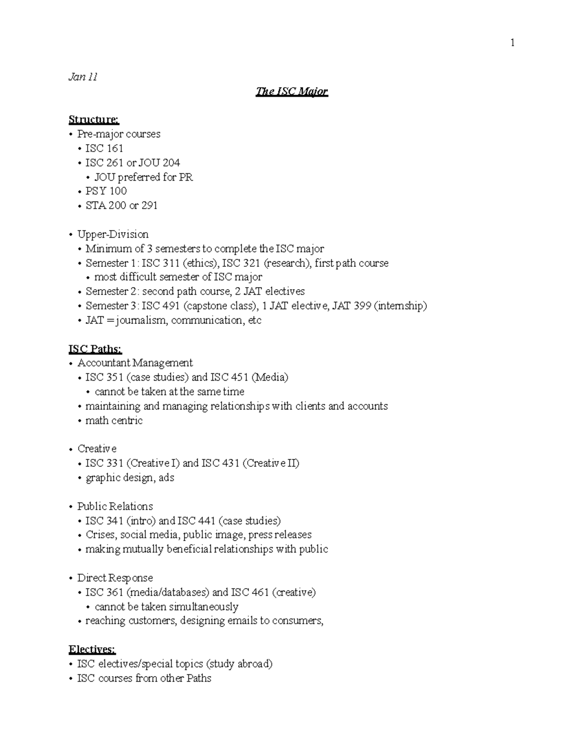 ISC 161 - Lecture notes 1 - !1 Jan 11 The ISC Major Structure: courses ...
