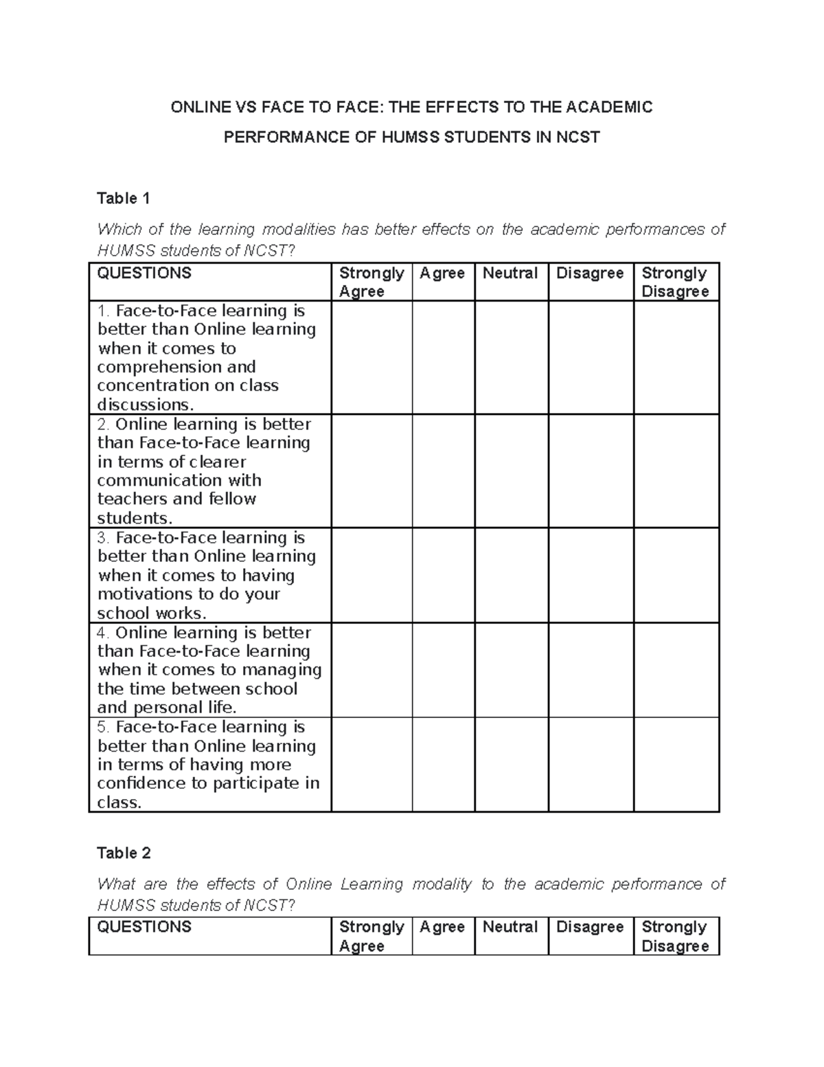 Group-2 Questionnaire - ONLINE VS FACE TO FACE: THE EFFECTS TO THE ...