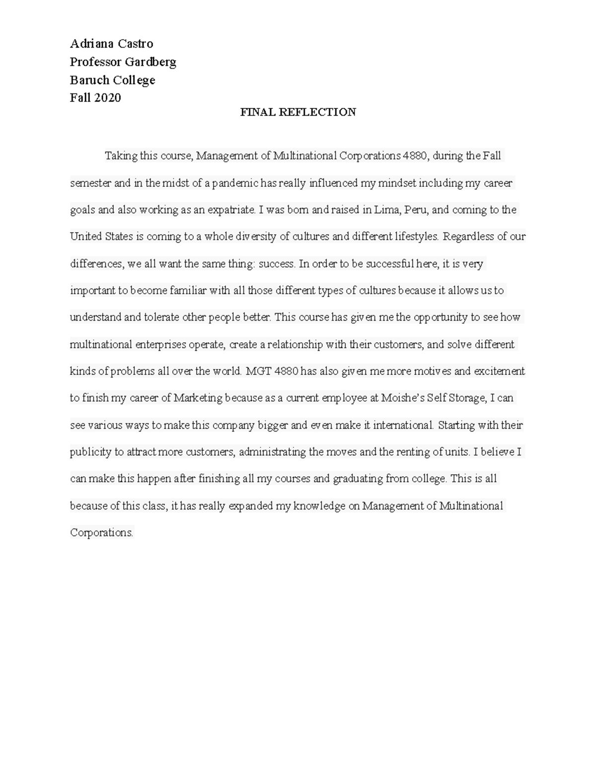 Final Reflection - Adriana Castro Professor Gardberg Baruch College ...