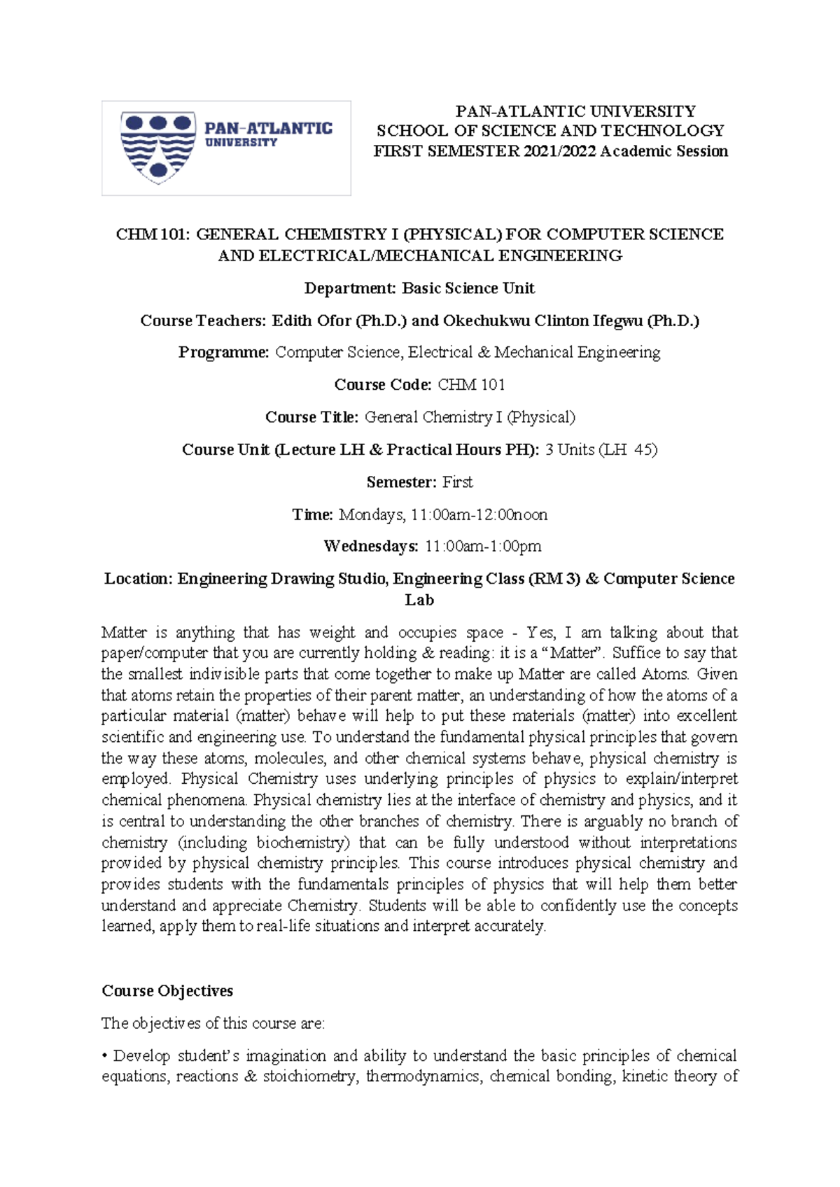 CHM 101 Course Outline 1 - PAN-ATLANTIC UNIVERSITY SCHOOL OF SCIENCE AND TECHNOLOGY FIRST ...
