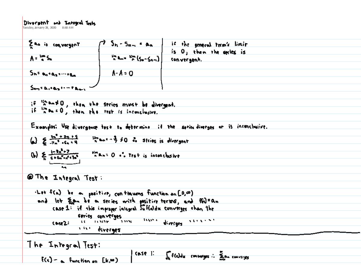 Divergent and Integral Tests - Math 263 - Tuesday, January 28, 2020 8: ...