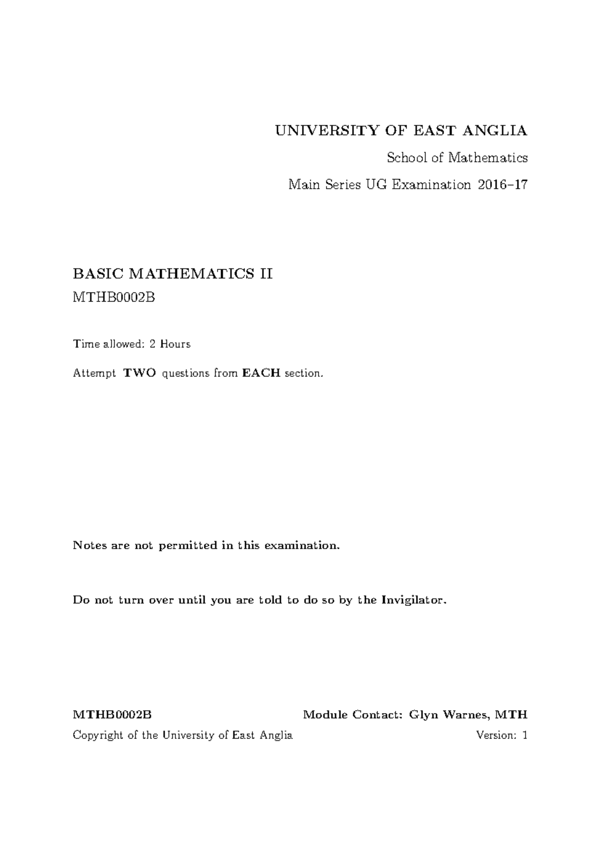 Basic Mathematics II 2016-17 - UNIVERSITY OF EAST ANGLIA School of ...