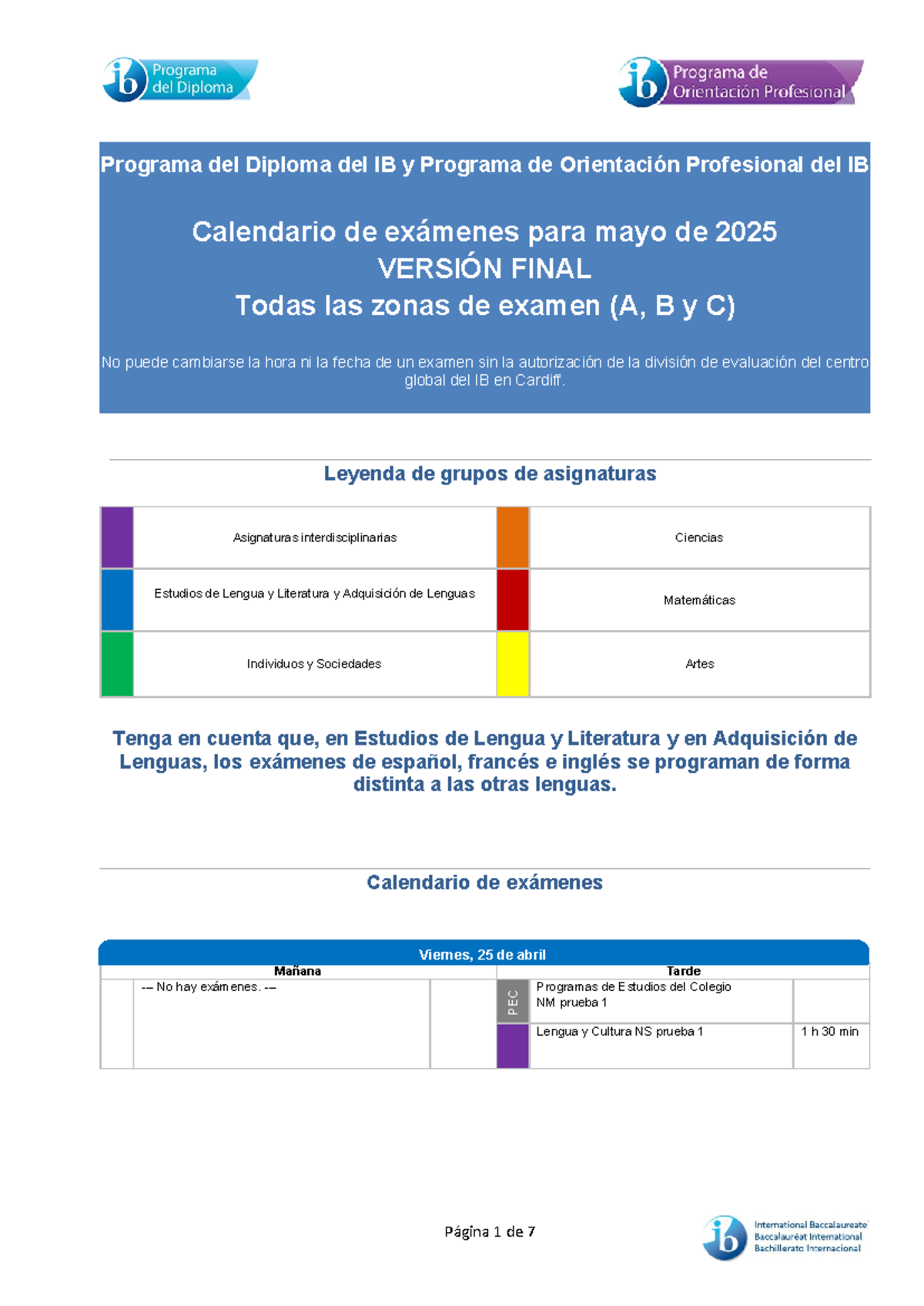 Calendario exámenes 2025 - Programa del Diploma del IB y Programa de ...