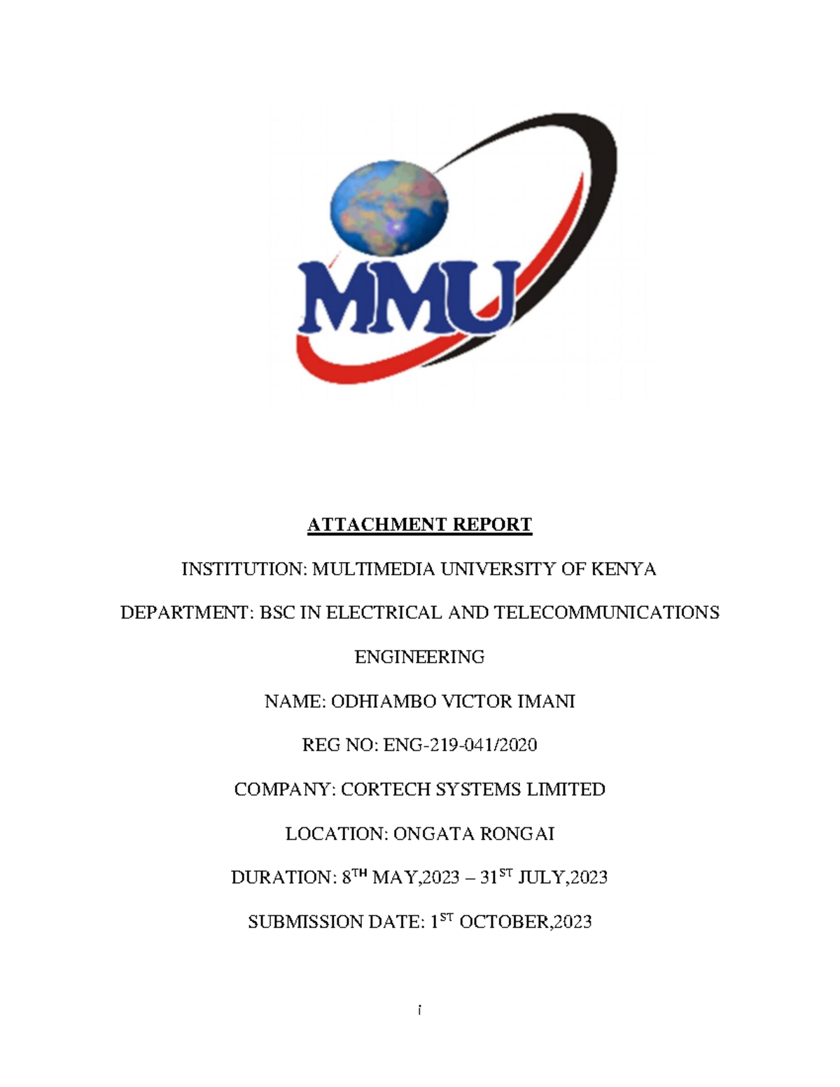 Victor'S Attachment Report - i ATTACHMENT REPORT INSTITUTION ...