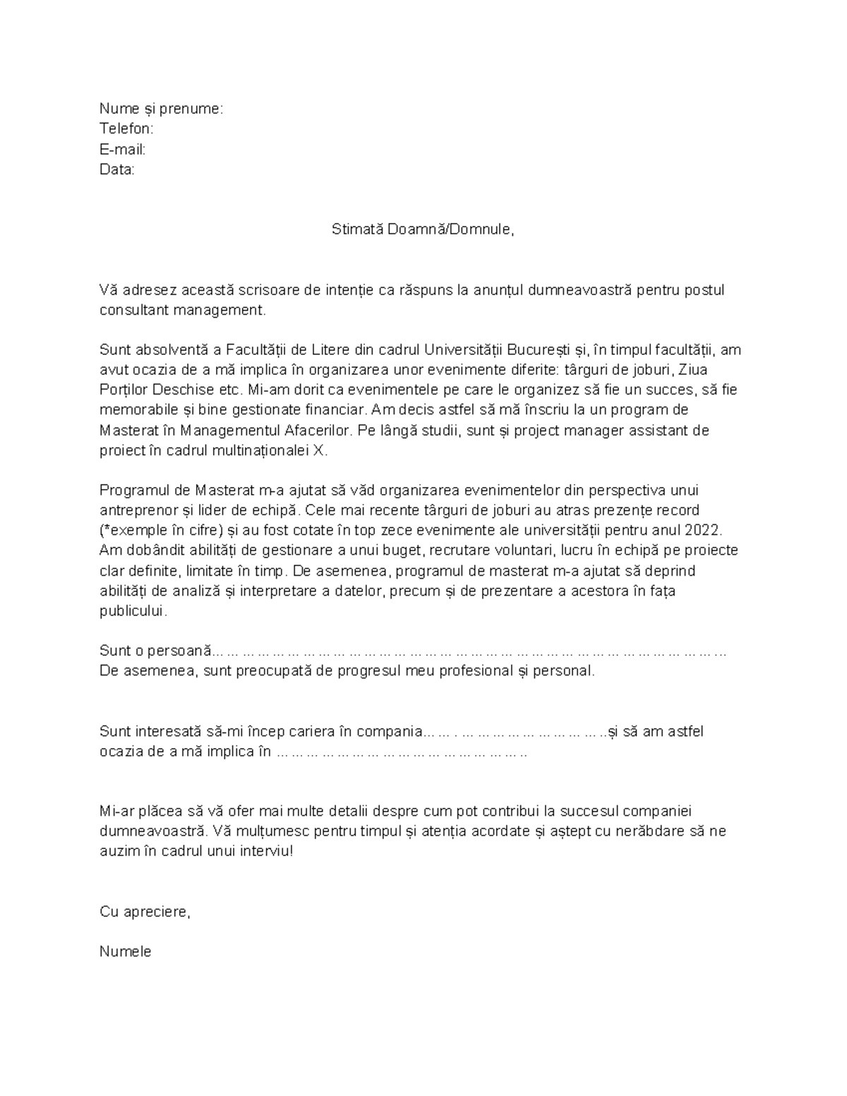 Scrisoare de intentie model - Nume și prenume: Telefon: E-mail: Data ...