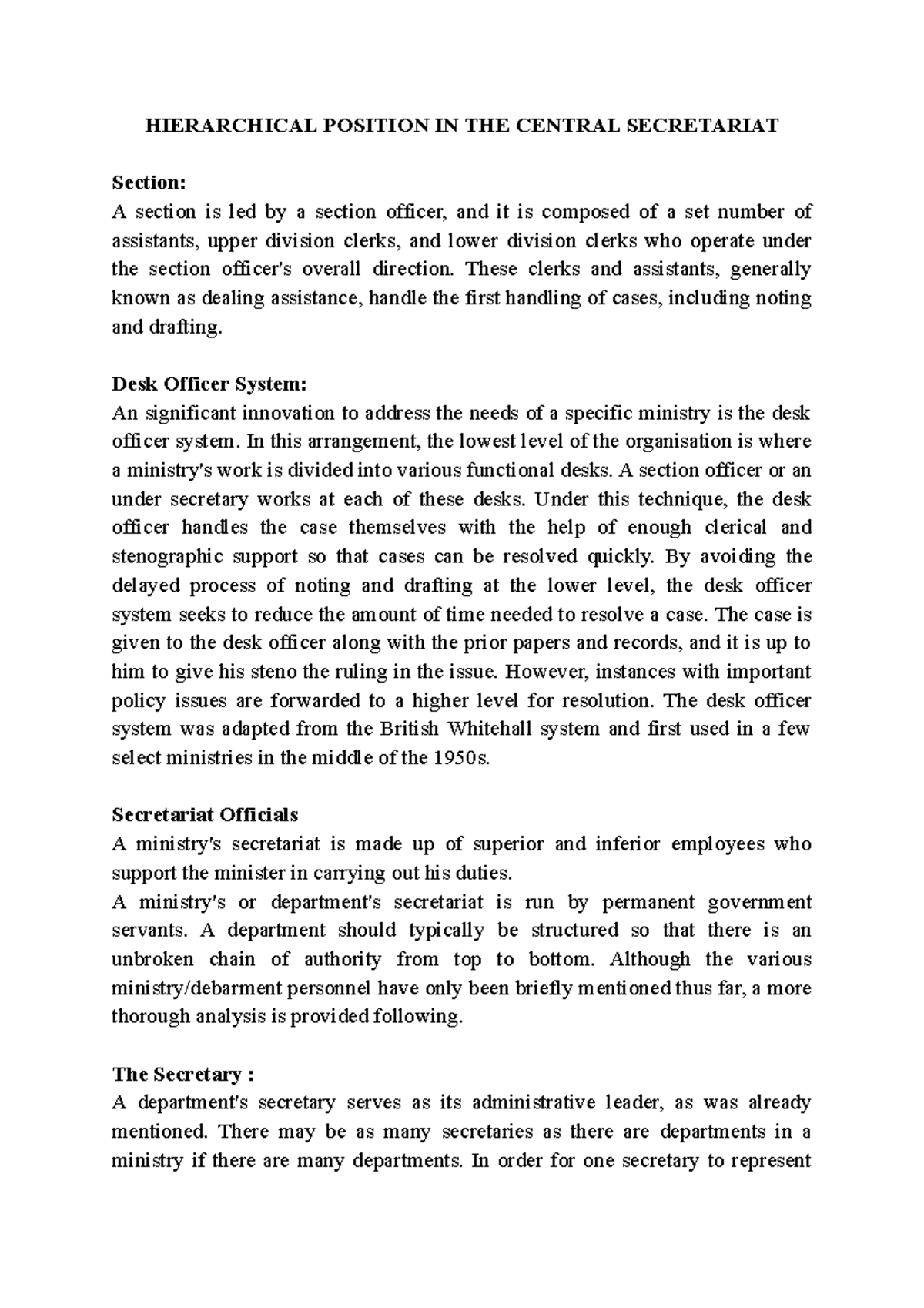 Hierarchical Position IN THE Central Secretariat - HIERARCHICAL ...