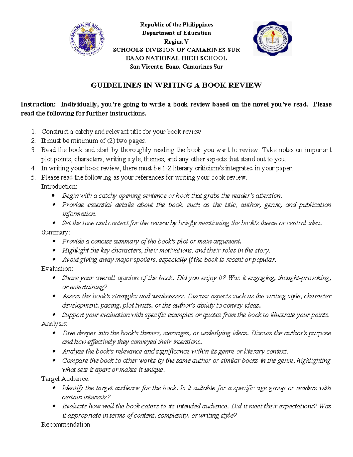 Guidelines in Writing a Book Review - Republic of the Philippines ...