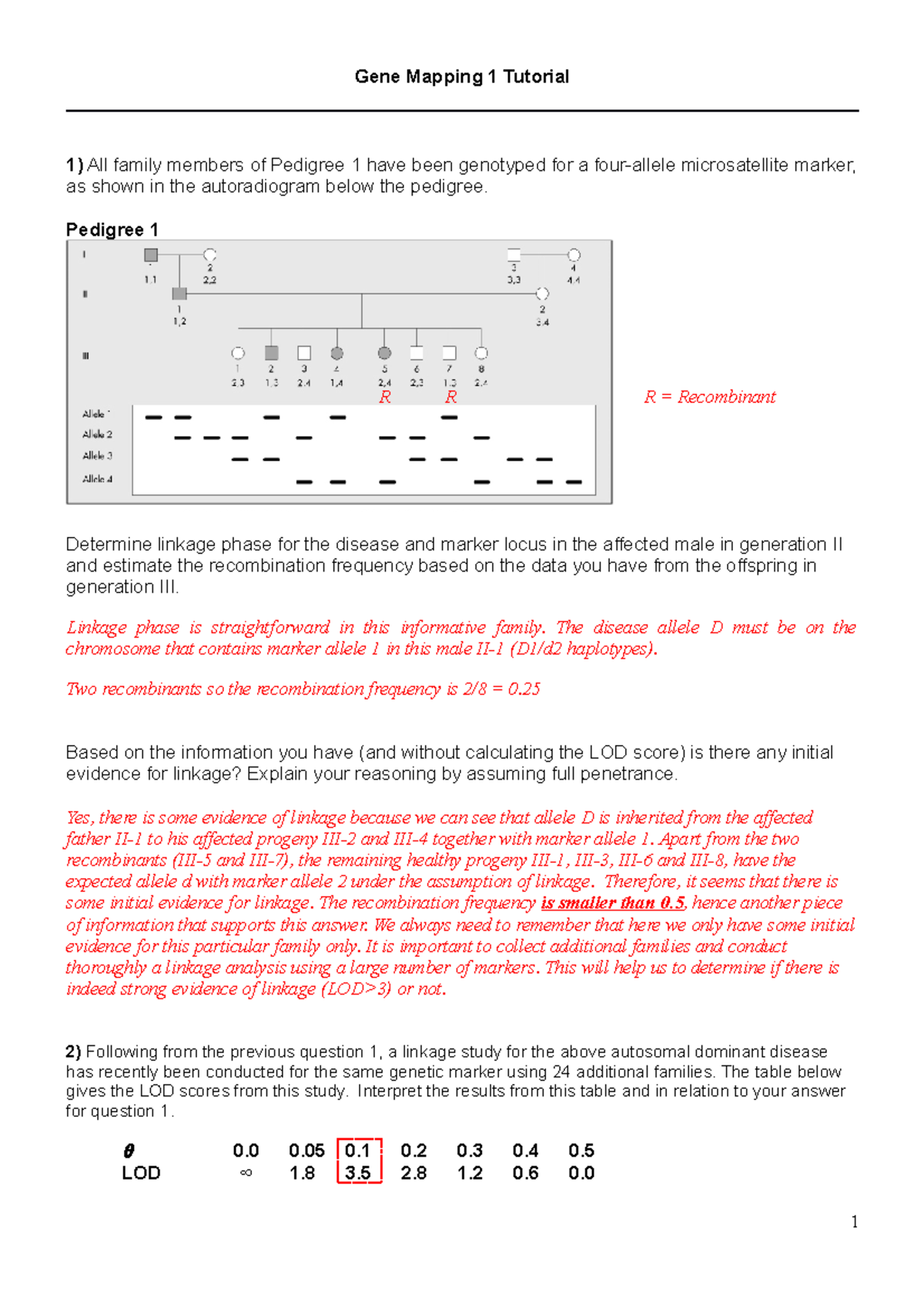 Gene Mapping 1 Linkage tutorial with answers - Gene Mapping 1 Tutorial ...