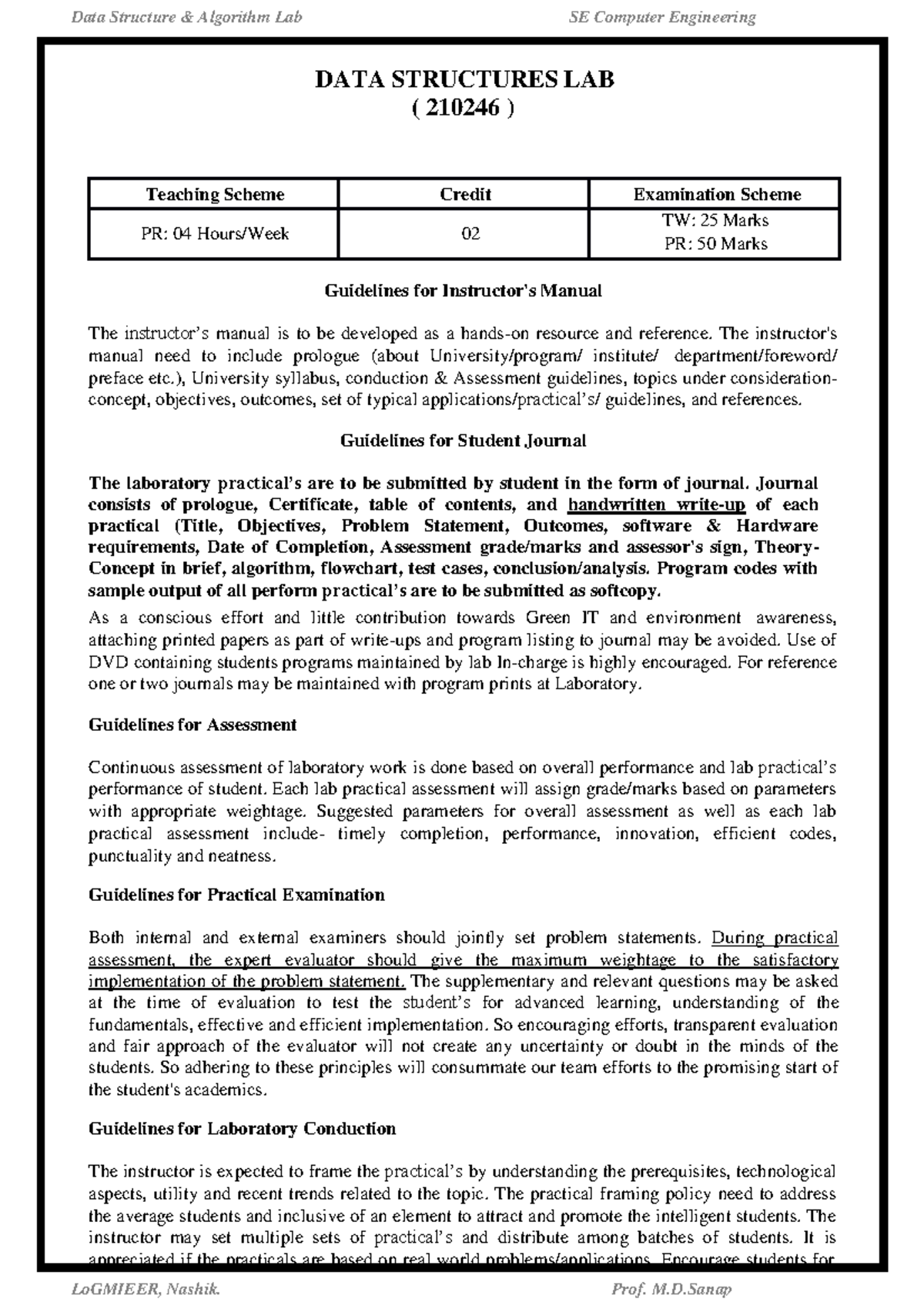 Dsl-lab-manual - FDS Pratical - DATA STRUCTURES LAB ( 210246 ) Teaching Scheme Credit ...