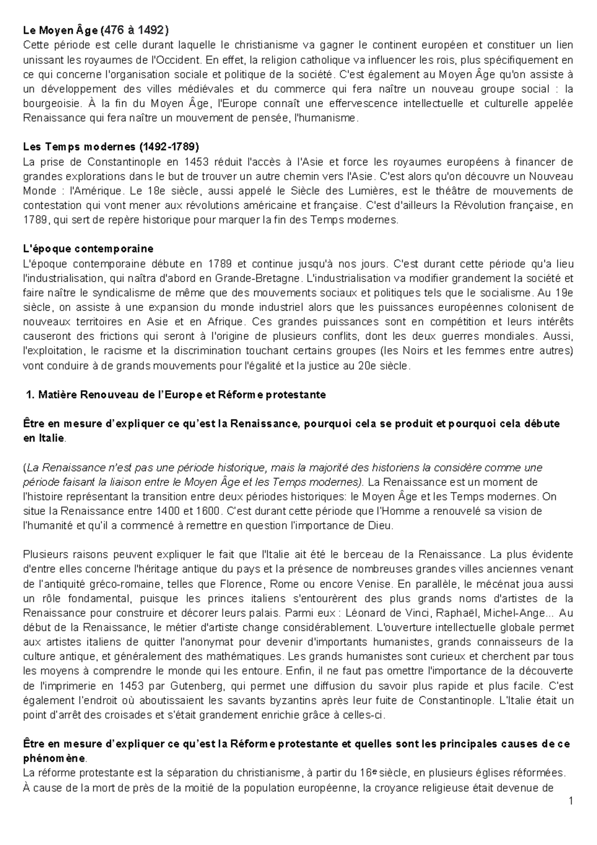 Revision époques - résumé - Le Moyen Âge (476 à 1492) Cette période est ...