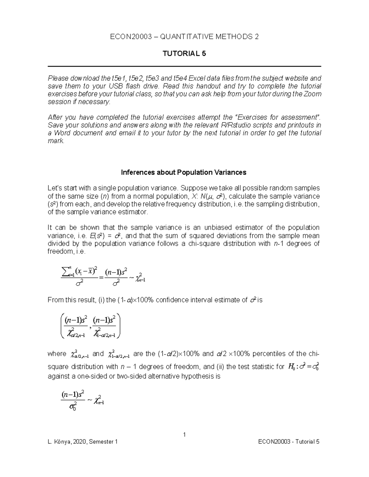Tutorial 5 - tute 5 - 1 ECON20003 – QUANTITATIVE METHODS 2 TUTORIAL 5 Please download the t5e1 ...
