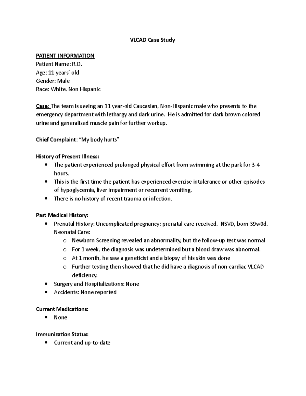 Vlcadd Case Study VC - VLCAD Case Study PATIENT INFORMATION Patient ...