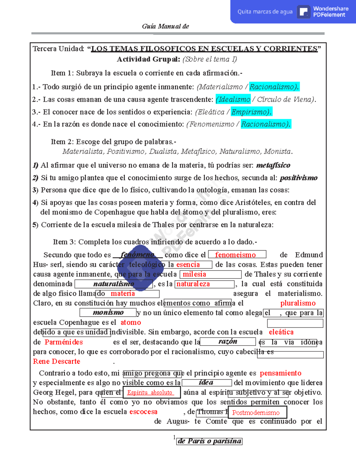 Los temas filosoficos - practica - Tercera Unidad: “LOS TEMAS ...