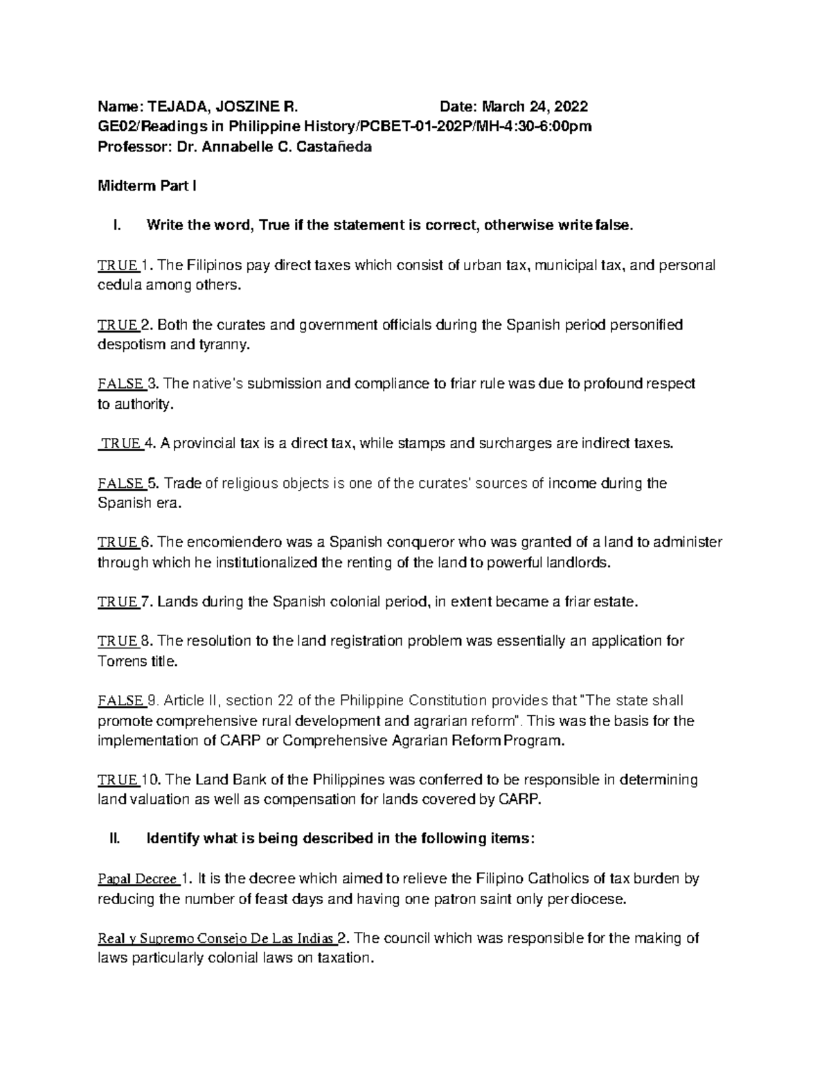 Tejada, Joszine R Midterm PART 1 - Name: TEJADA, JOSZINE R. Date: March ...