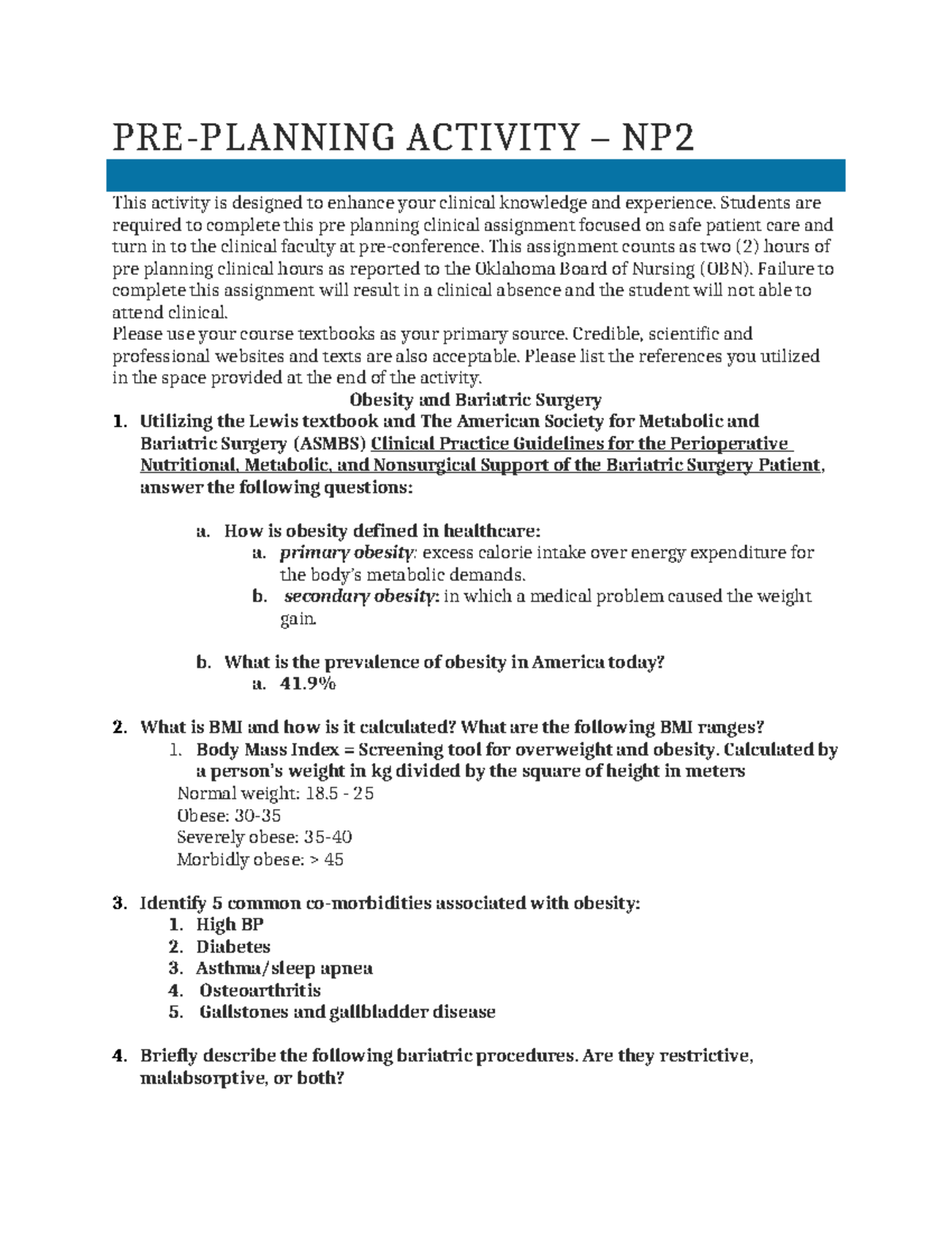 Pre-Plan Obesity & Bariatrics - PRE-PLANNING ACTIVITY – NP This ...