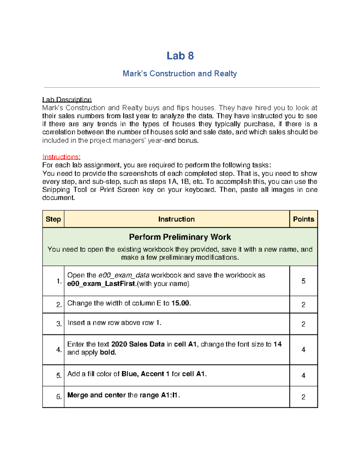 Lab8Office 365 - Lecture Instructions - Lab 8 Mark’s Construction and ...