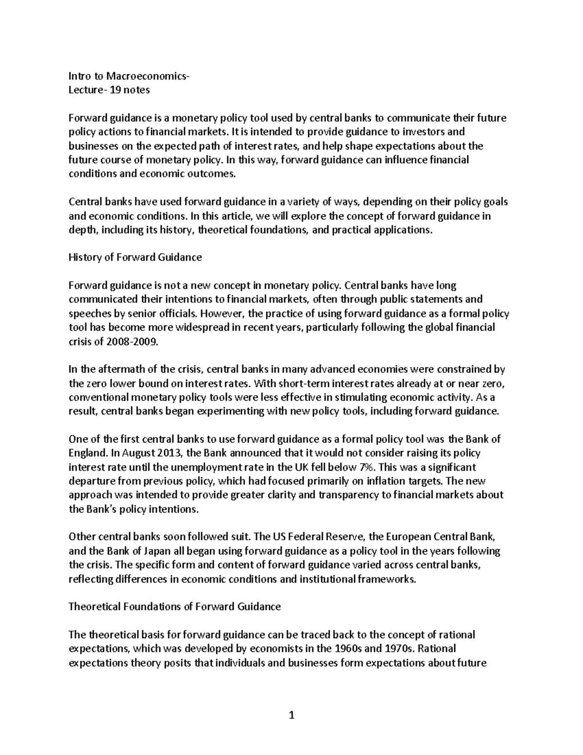 Intro To Macroeconomics Lecture 19 Notes 1 Intro To Macroeconomics Lecture 19 Notes Forward